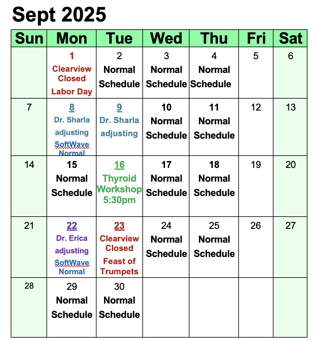 Clearview Fall Schedule 2025 (see calendars below) - Clearview Chiropractic
