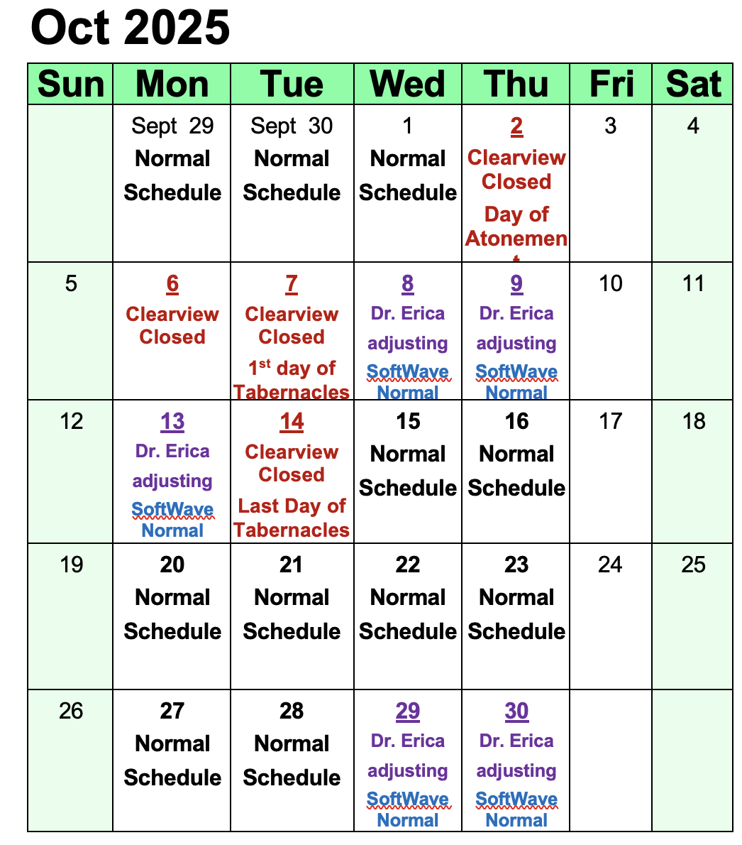 Clearview Fall Schedule 2025 (see calendars below) - Clearview Chiropractic